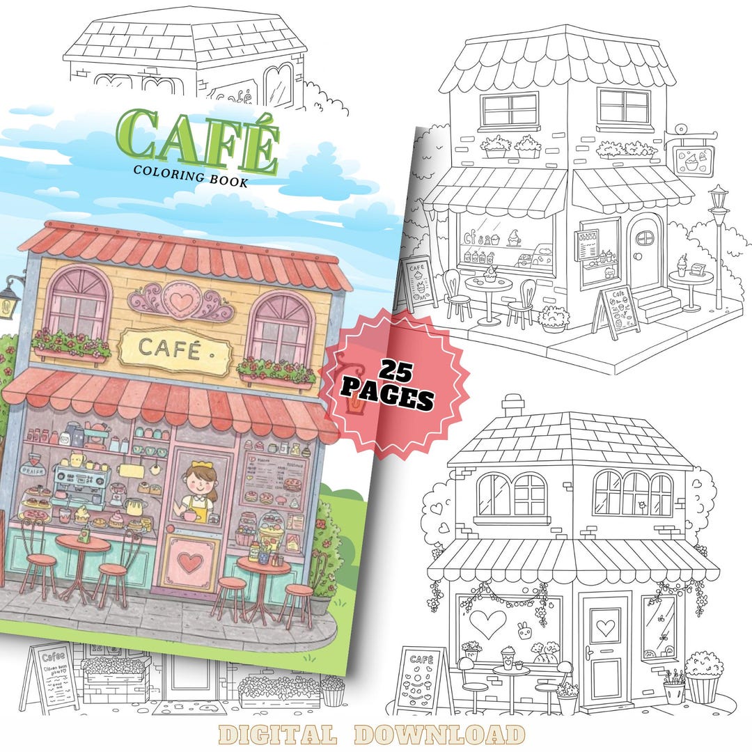 Printable Café Coloring Book | 30 Unique Coffee Shop Designs | Digital ...