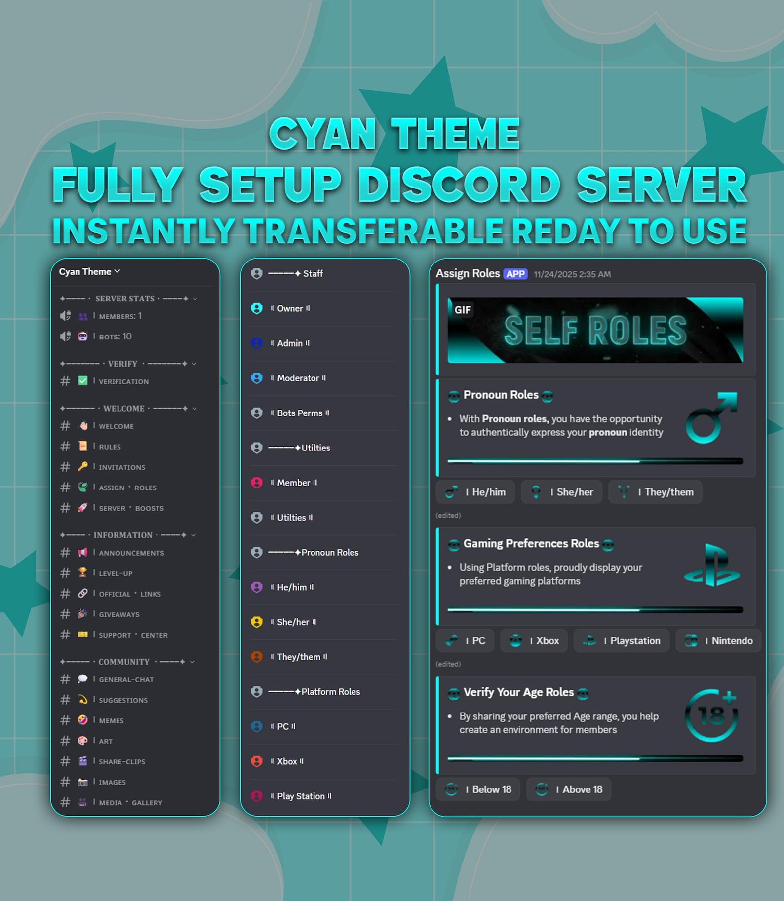 Cyan Discord Server Theme | Fully Setup, Custom Emojis & Roles - Etsy