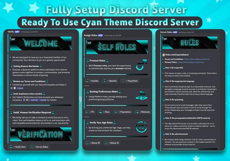 Cyan Discord Server Theme | Fully Setup, Custom Emojis & Roles - Etsy