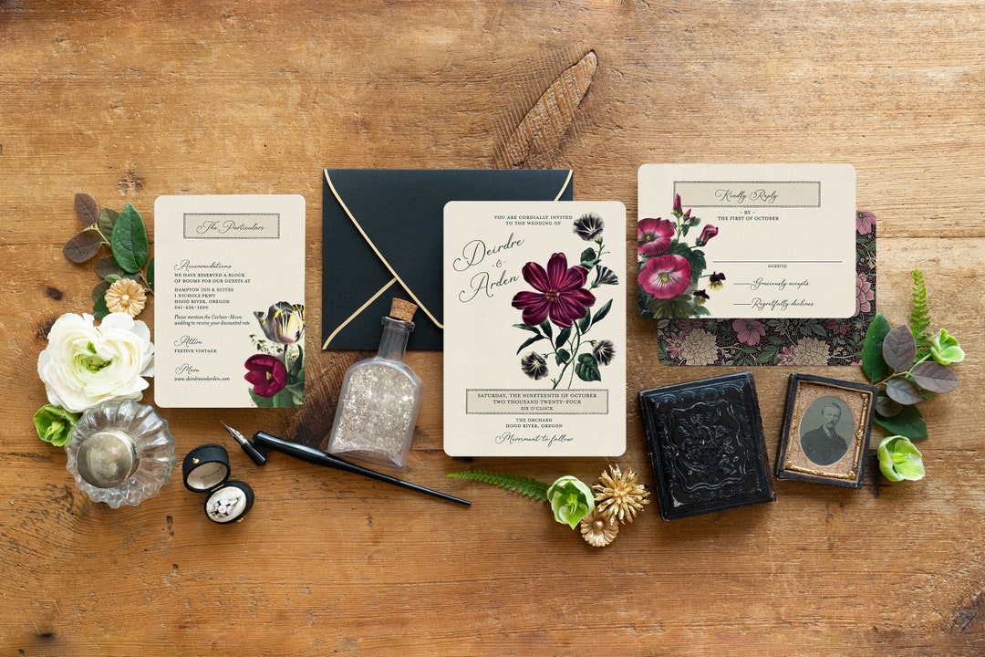 Vintage Botanical Wedding Invitations, Burgundy and Black Floral ...