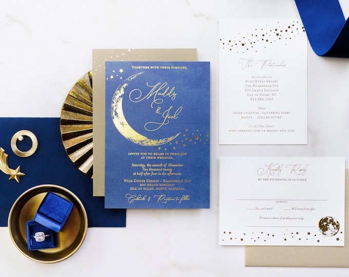 Vintage Moon and Stars Wedding Invitation, Navy and Gold Celestial ...