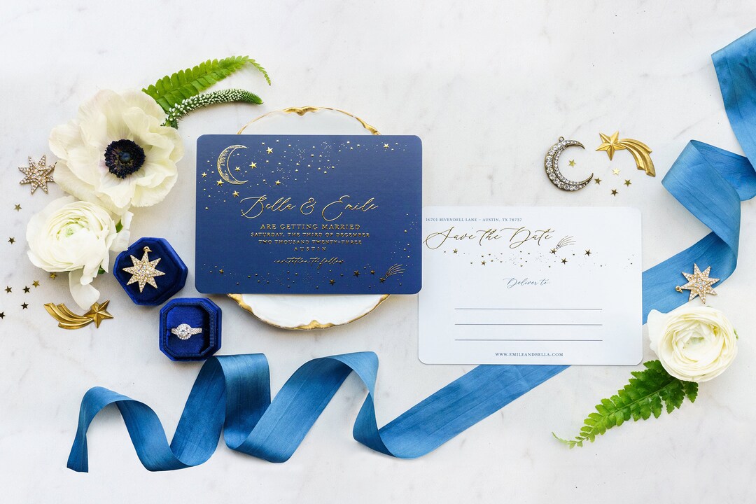 Celestial Save the Date Cards, Star and Moon Wedding Invitations, Navy ...