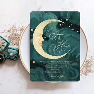 Celestial Wedding Invitation, Moon Theme Wedding, Starry Night, Teal ...