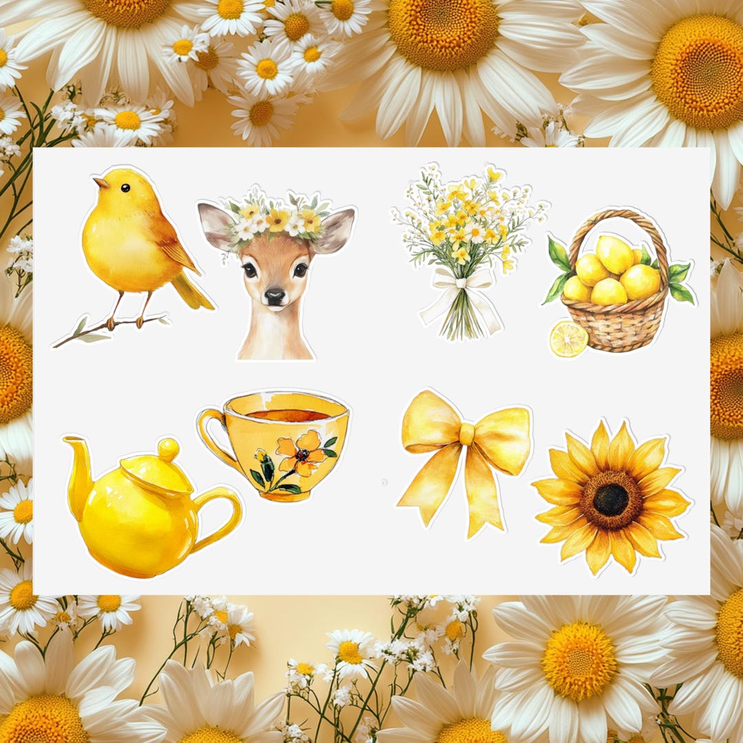 Yellow Cottagecore Sticker Sheet, Watercolor Stickers, Scrapbook ...