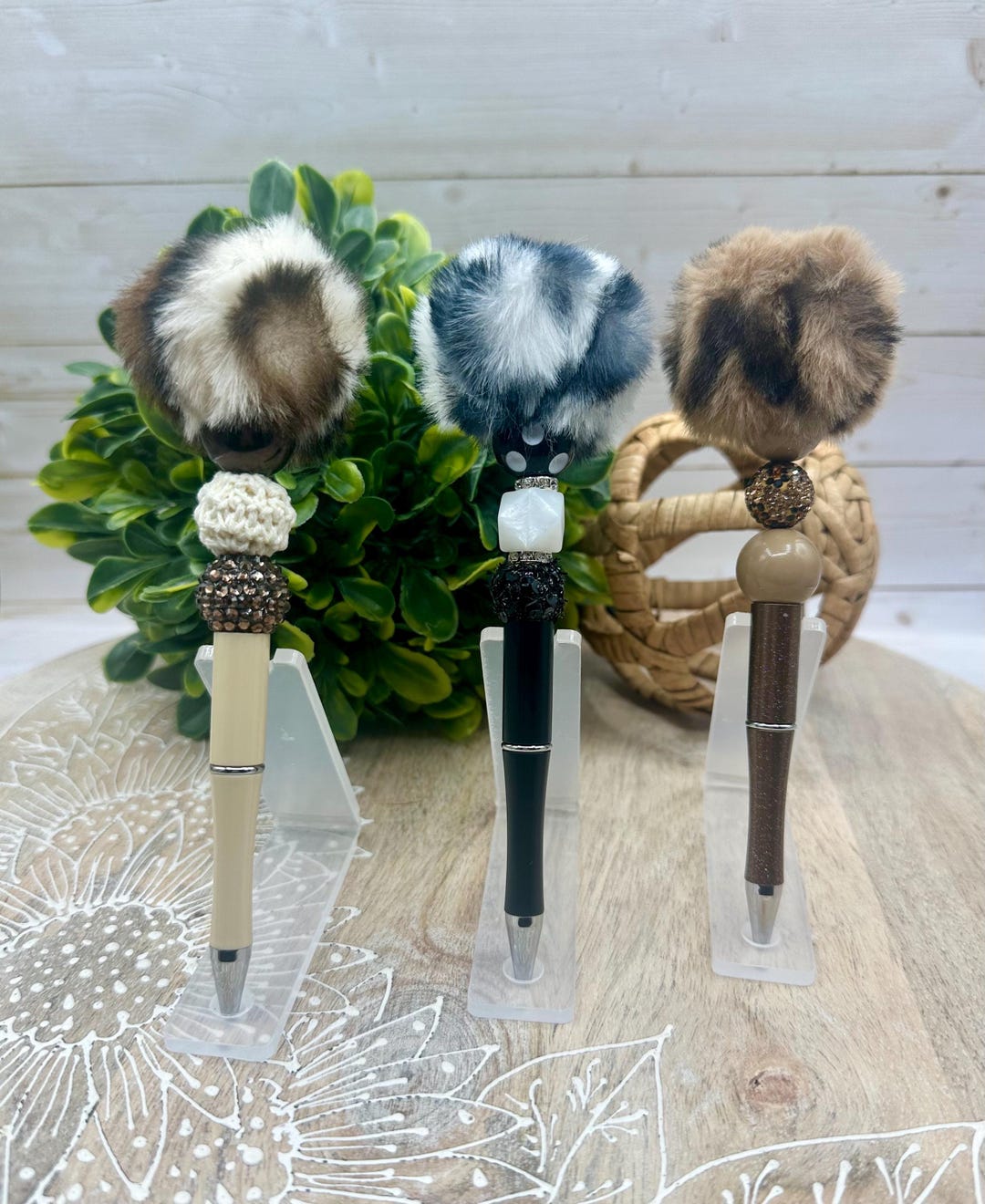 Cheetah Print Beaded Pen | Faux Fur Pom Desk Accessory - Etsy