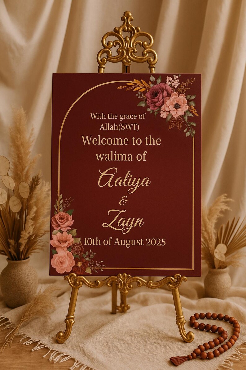 Maroon & Gold Walima Welcome Sign | Muslim Wedding Canva Template ...