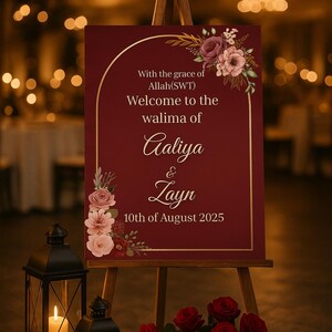 Maroon & Gold Walima Welcome Sign | Muslim Wedding Canva Template ...