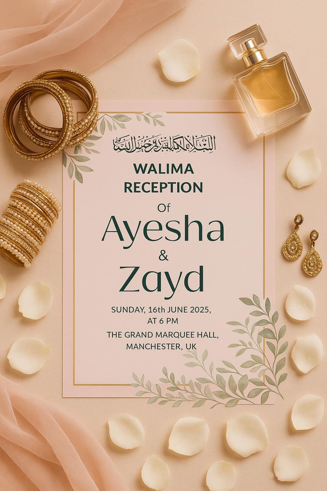 Islamic Walima Invitation | Editable Canva Template | Green Gold Muslim ...