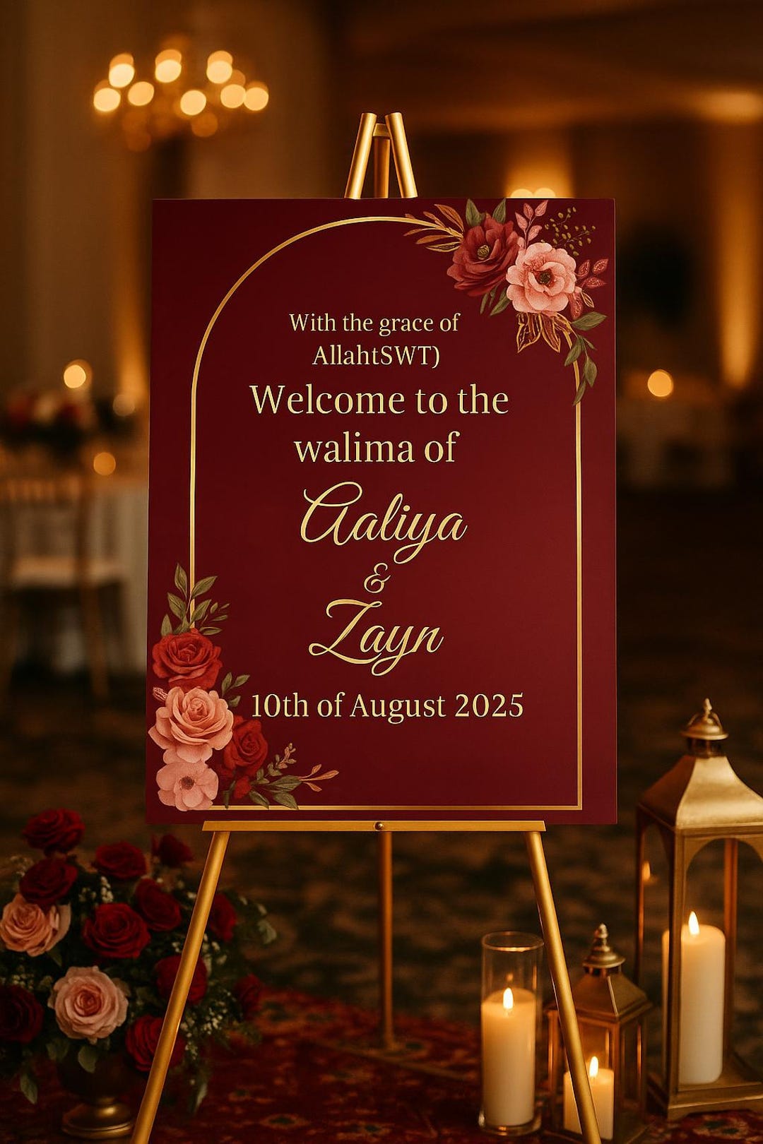 Maroon & Gold Walima Welcome Sign | Muslim Wedding Canva Template ...