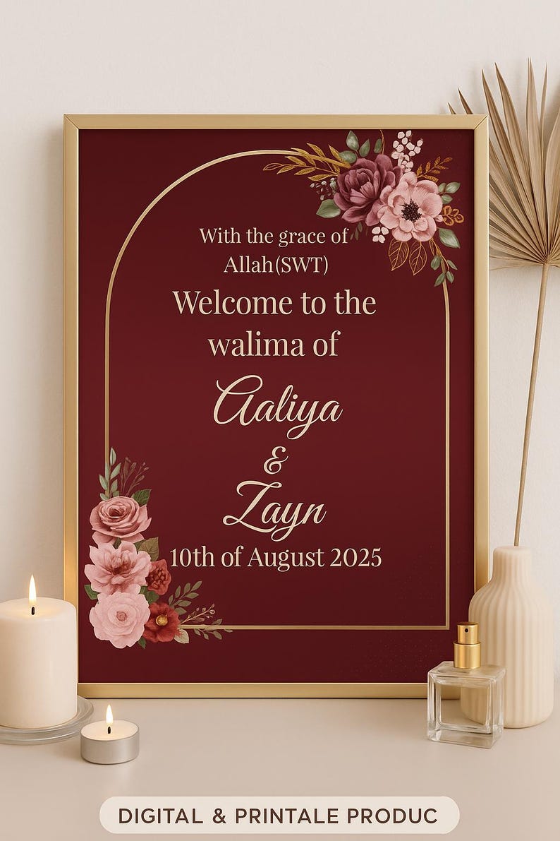 Maroon & Gold Walima Welcome Sign | Muslim Wedding Canva Template ...