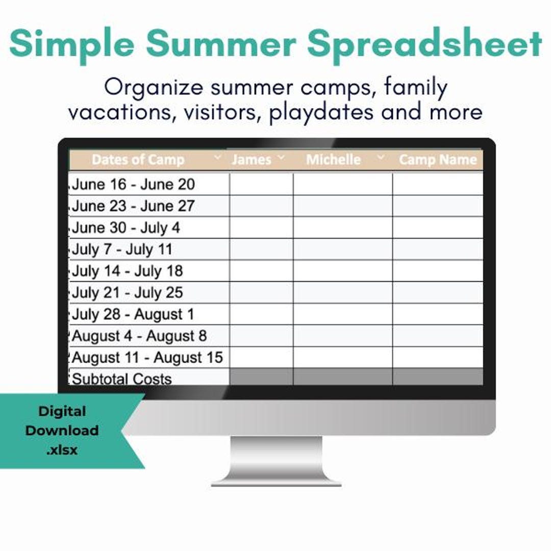 Summer Camp Planner Spreadsheet Family Trips Organizer Camp Expense ...