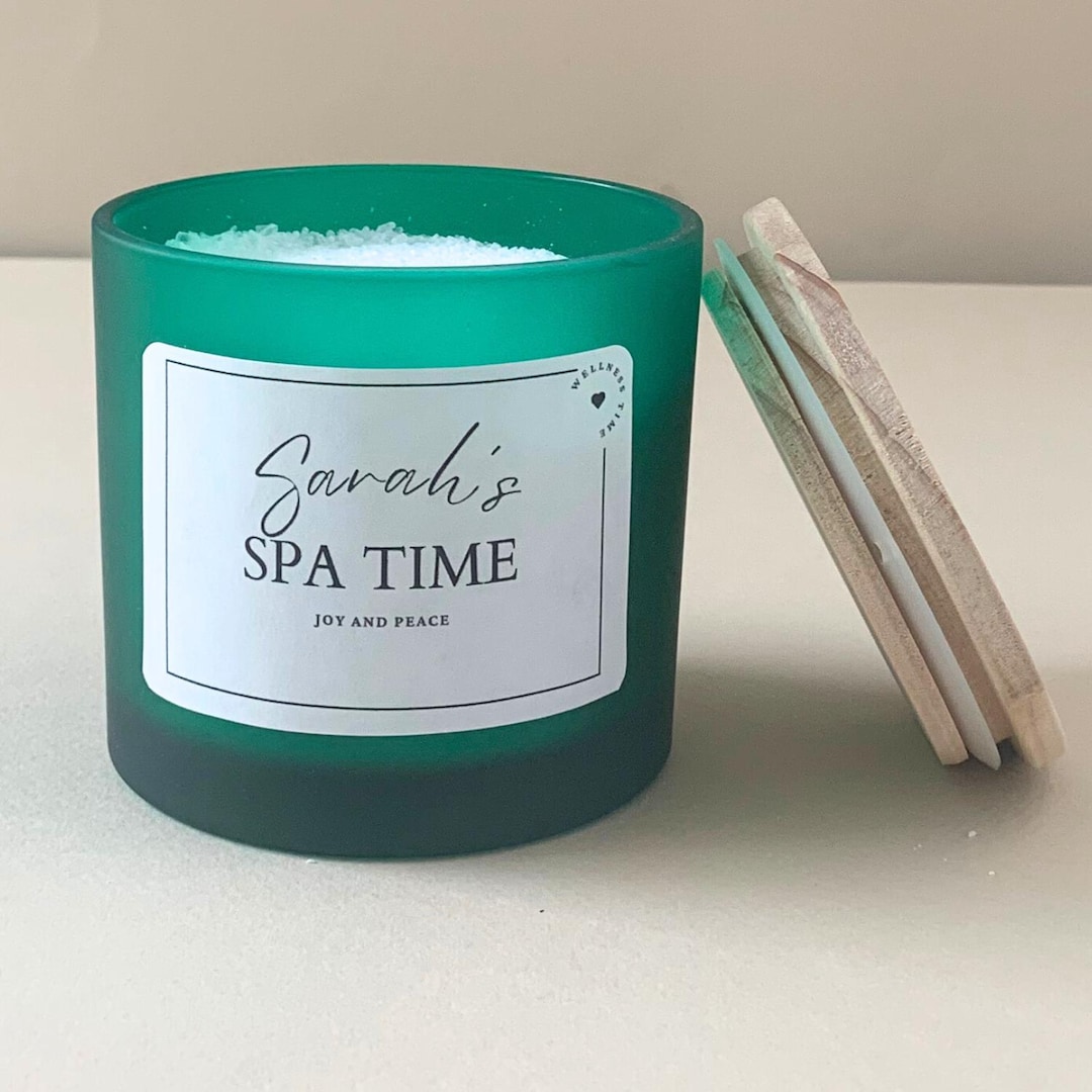 Personalized Spa Jar: Green Glass, Custom Label, Eucalyptus Bath Salts ...