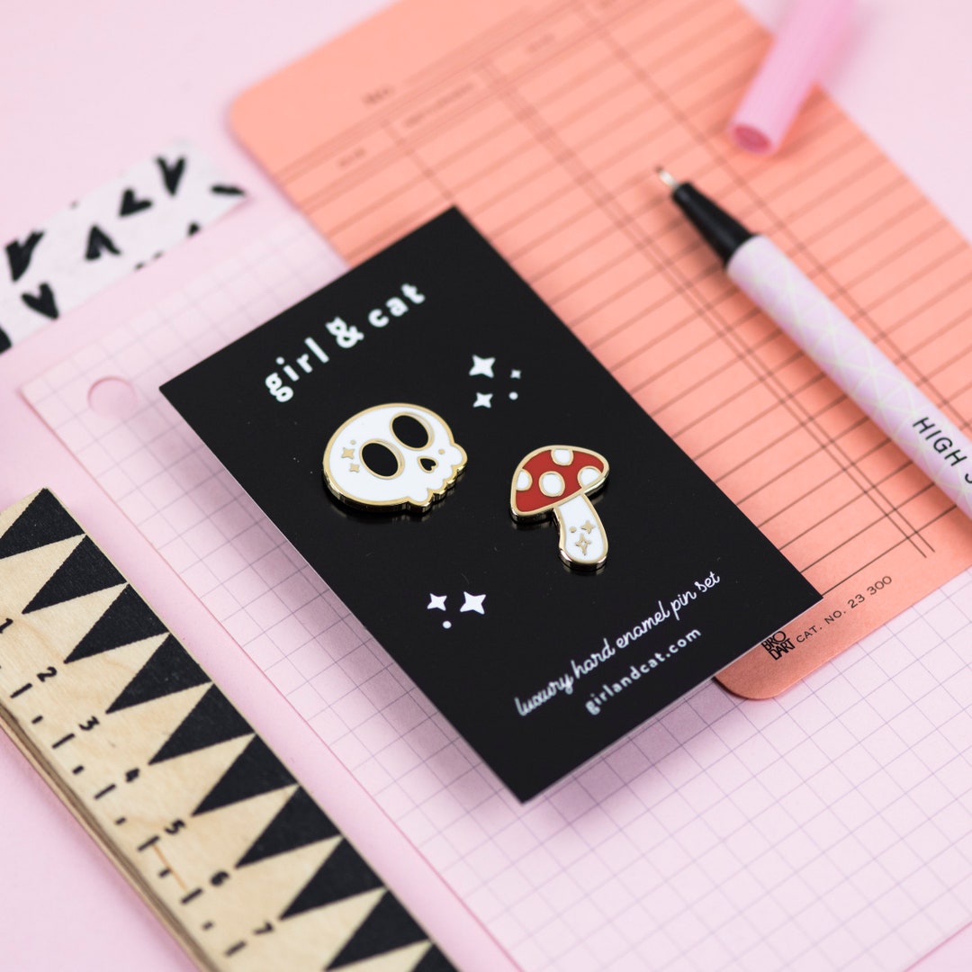 Skull and Toadstool Enamel Pin Duo, 2 X Pin Set - White, Red, Gold - Etsy