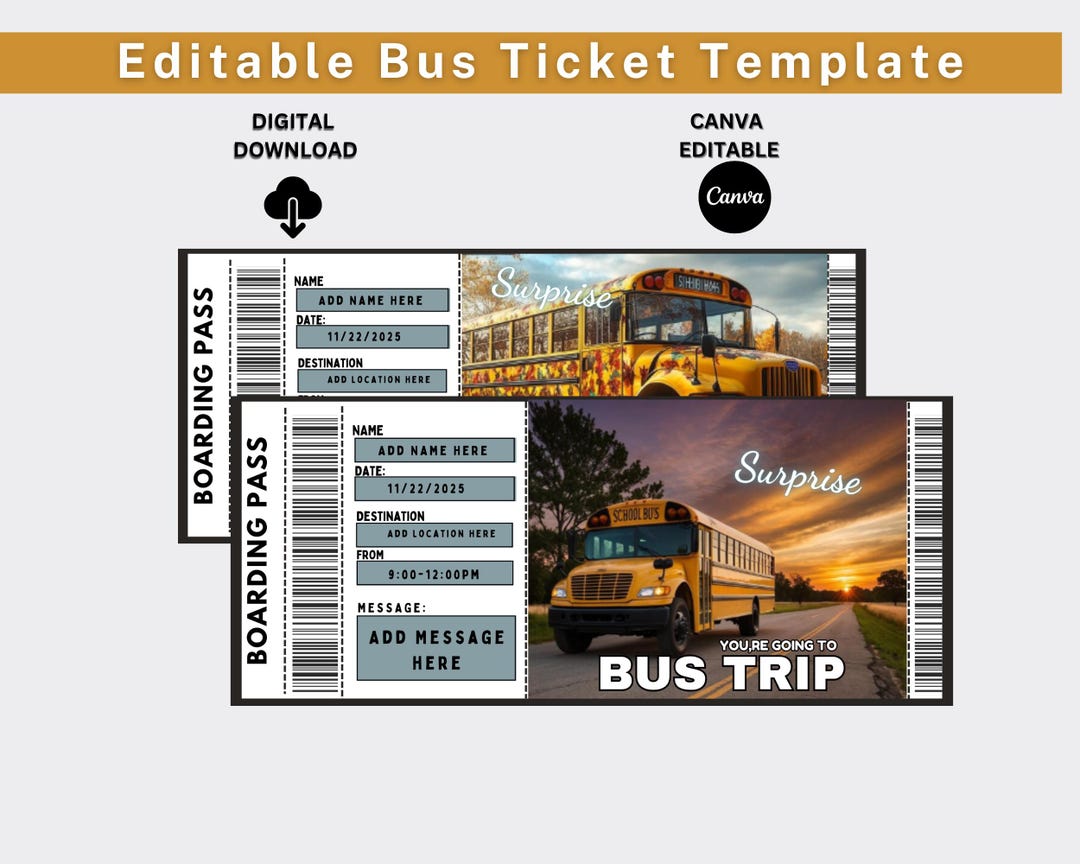 Editable Bus Ticket Template, Coach Ticket Surprise Gift Voucher Reveal ...