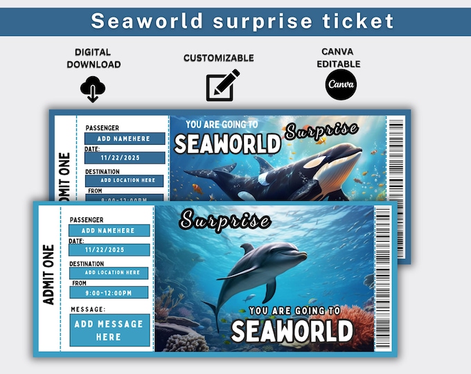 Editable Sea World Theme Park Surprise Ticket Gift for Kids INSTANT ...