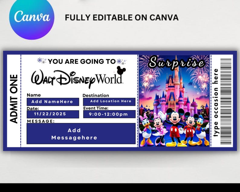Printable Disney World Ticket, Surprise Reveal Ticket Gift, Theme Park ...
