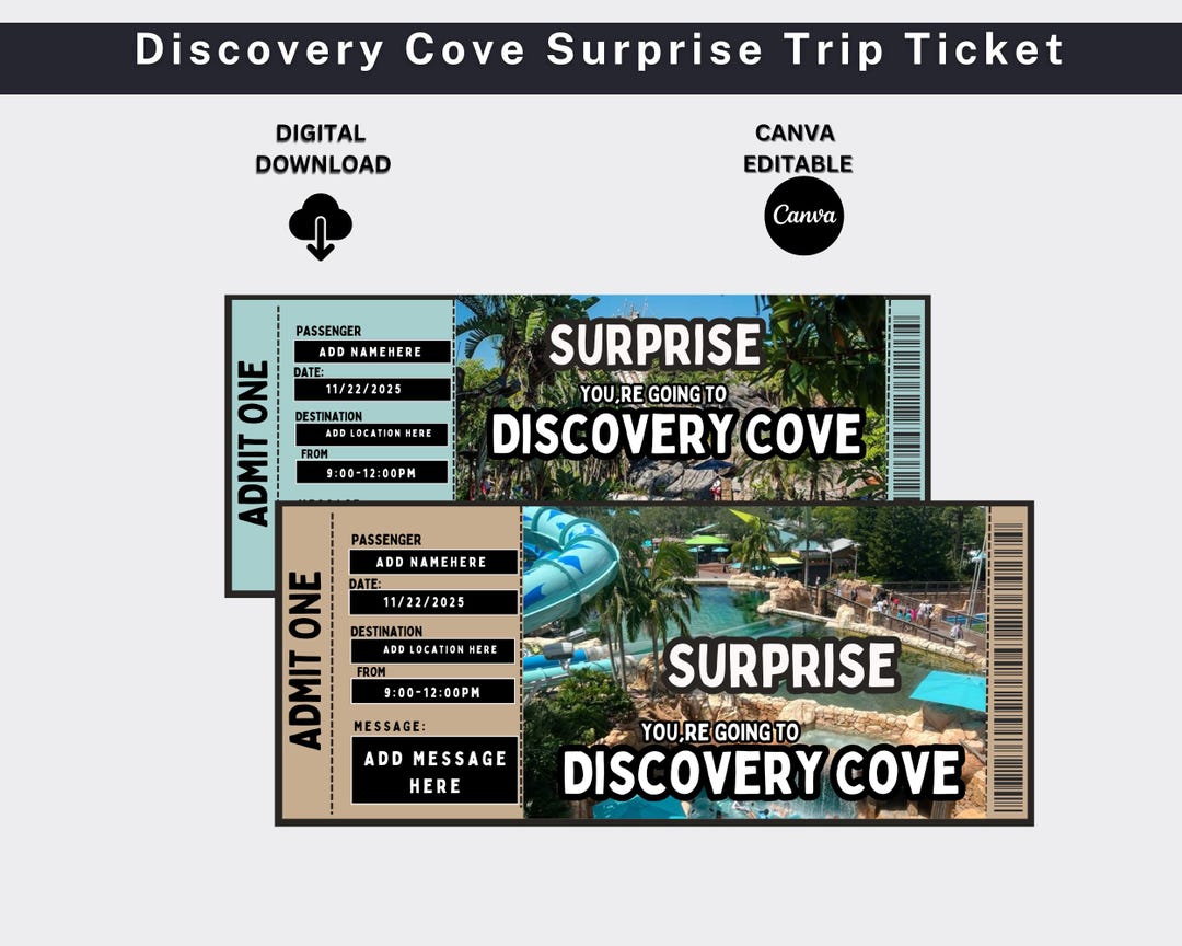 Discovery Cove Surprise Trip Gift Ticket, Trip Reveal Gift, Printable ...