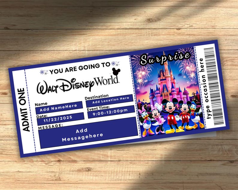 Printable Disney World Ticket, Surprise Reveal Ticket Gift, Theme Park ...