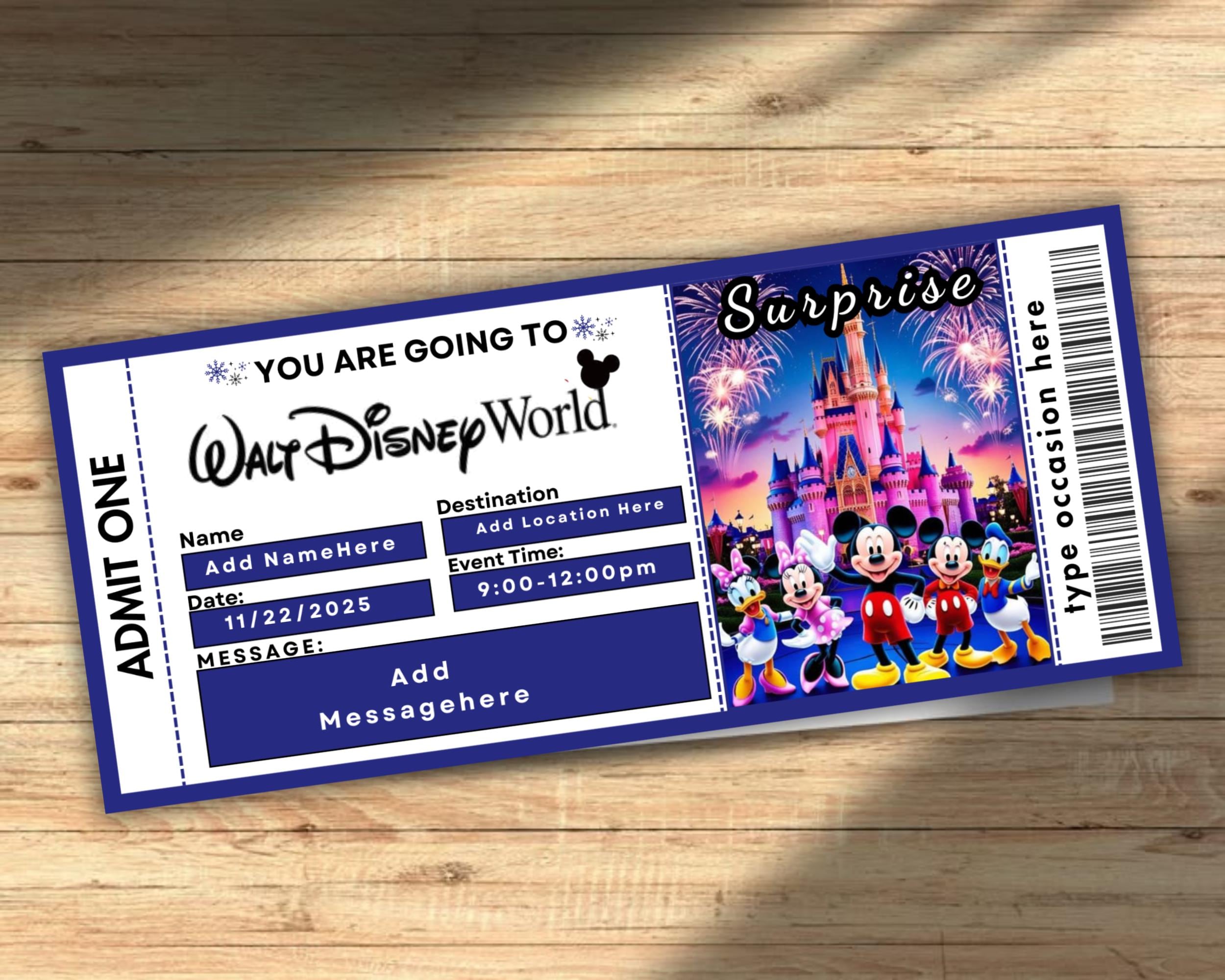 Printable Disney World Ticket, Surprise Reveal Ticket Gift, Theme Park ...