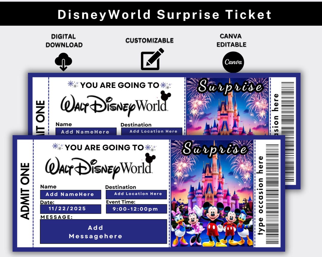 Printable Disney World Ticket, Surprise Reveal Ticket Gift, Theme Park ...