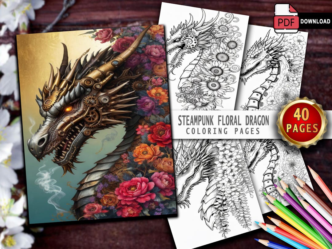 Flower Dragon Coloring Pages: 40 Grayscale Illustrations (printable PDF ...