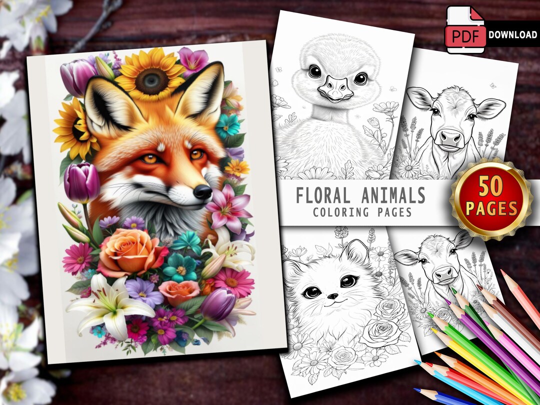 50 Floral Animal Coloring Pages – Printable Digital Coloring Book ...