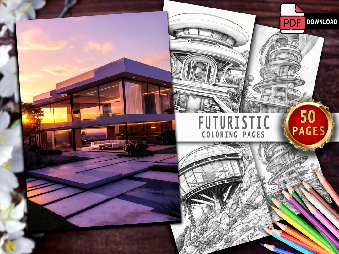 50 Modern House Coloring Pages: Minimalist Grayscale Designs (PDF & PNG ...