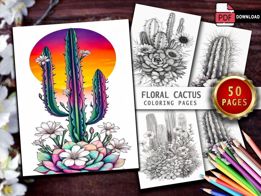 50 Cactus Coloring Pages - Printable PDF & PNG Files - Relaxing Digital ...