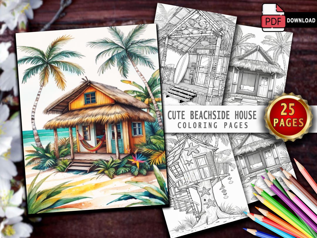Beach House Coloring Pages: 25 Coastal Cottage Grayscale Designs (PDF ...