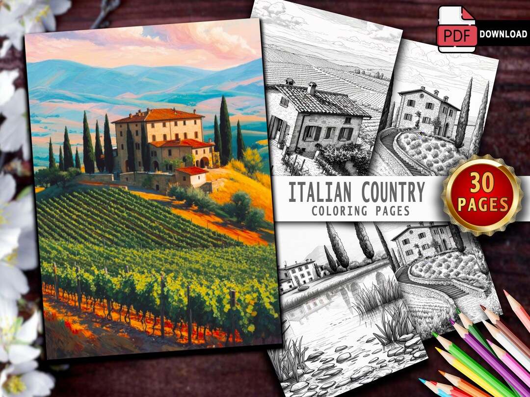 Italian Country House Coloring Book | 30 Grayscale Scenes (instant ...