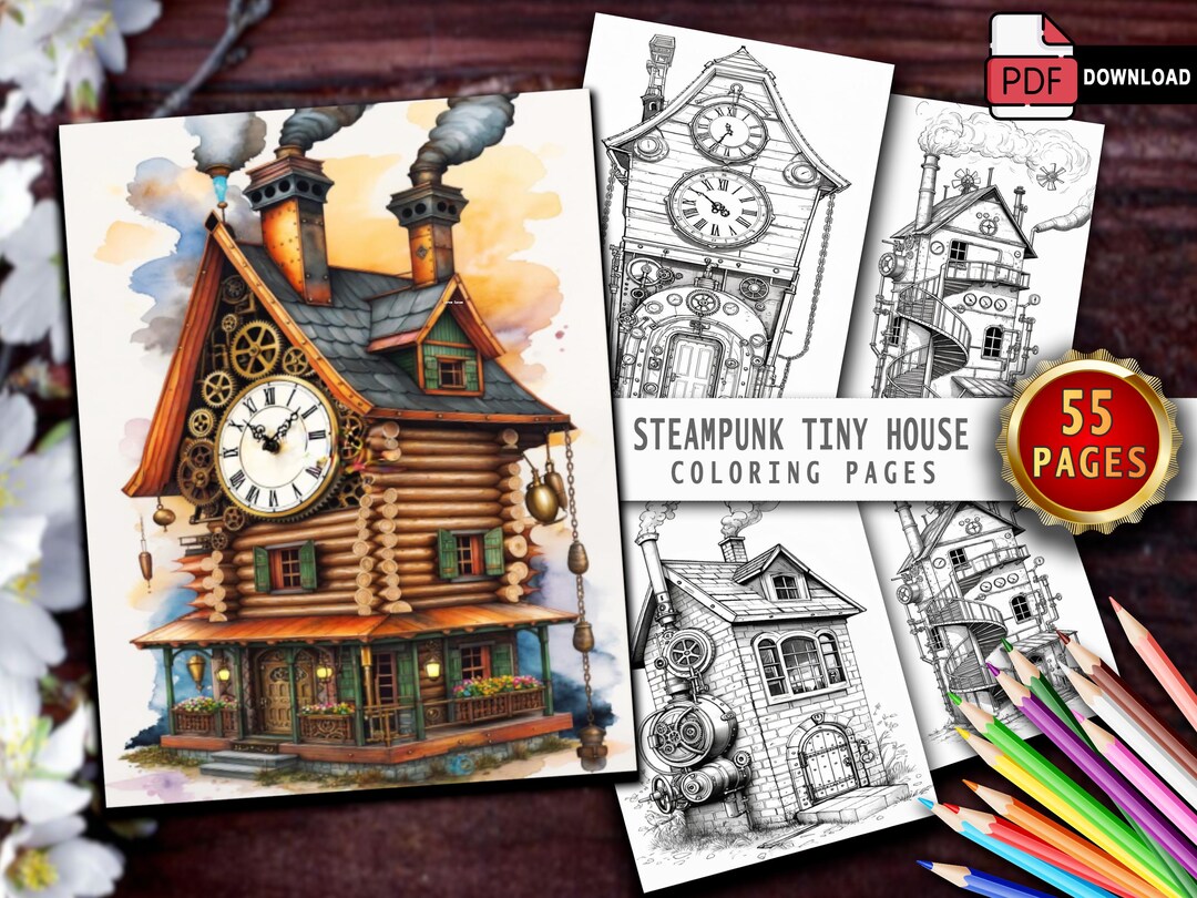 Steampunk Tiny House Coloring Book: Grayscale Illustrations (printable ...