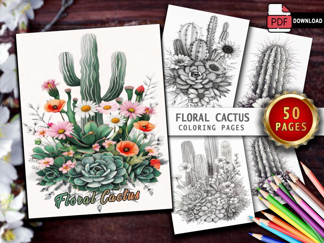 50 Cactus Coloring Pages - Printable PDF & PNG Files - Relaxing Digital ...