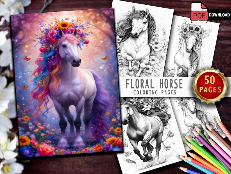 Floral Horse Coloring Pages: 50 Printable Designs (PDF Download) - Etsy