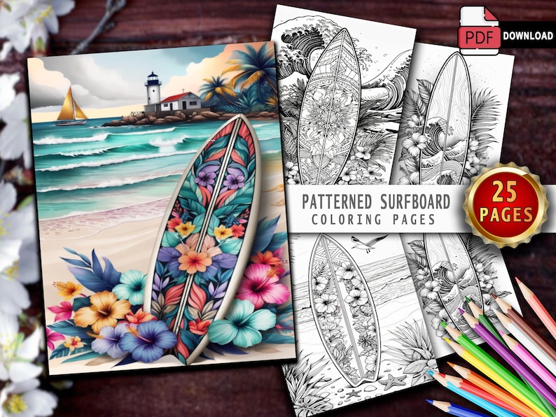 25 Surfboard Pattern Coloring Pages: Adults & Kids (printable PDF) - Etsy