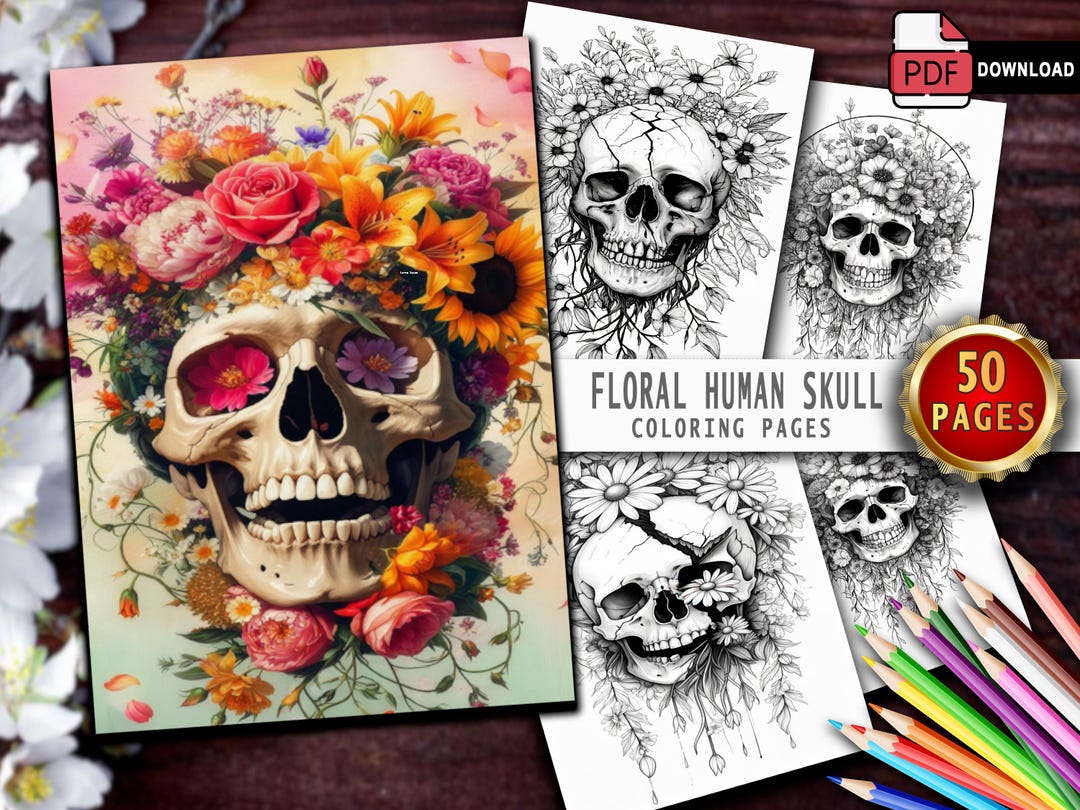 50 Floral Human Skull Coloring Pages – Printable PDF for Adults and ...