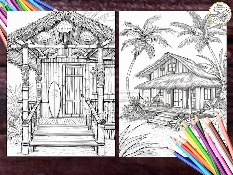 Beach House Coloring Pages: 25 Coastal Cottage Grayscale Designs (PDF ...