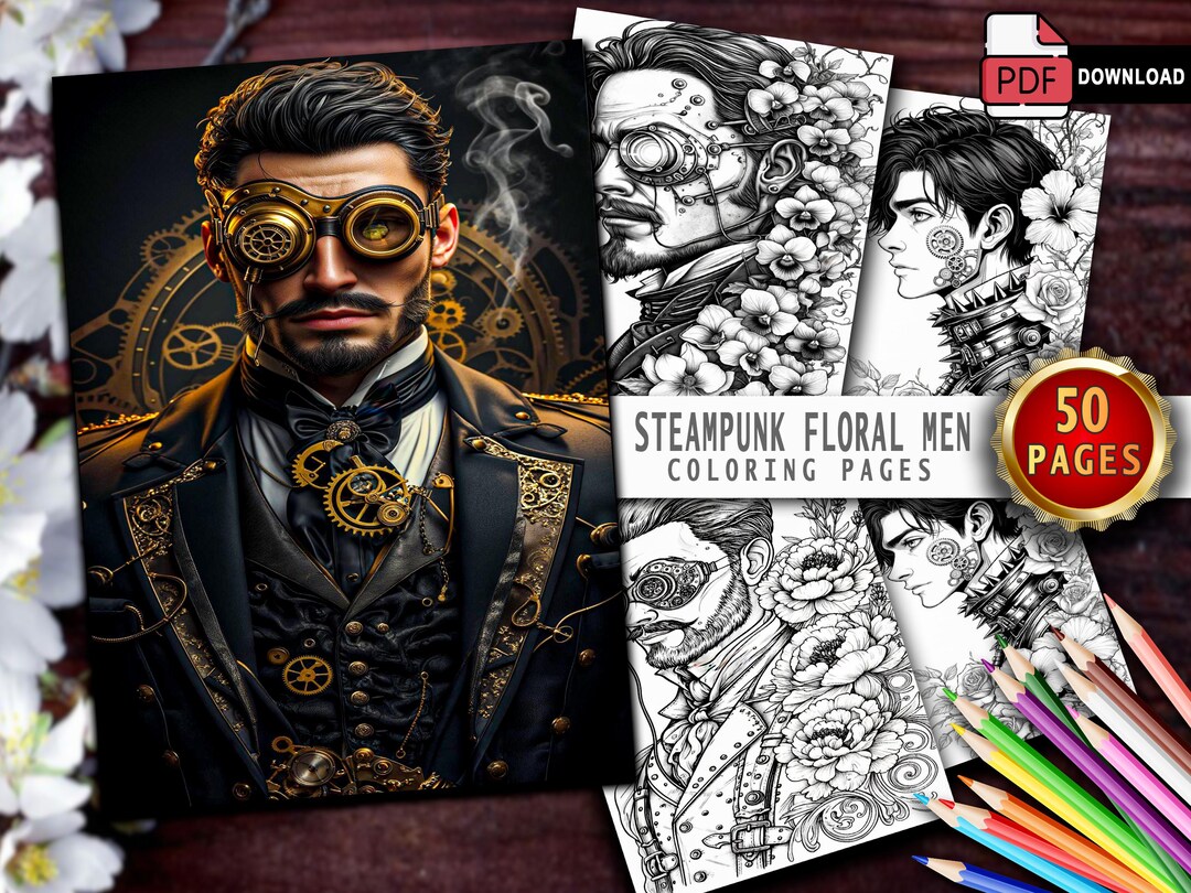50 Steampunk Men Coloring Pages: Grayscale Illustrations (printable PDF ...