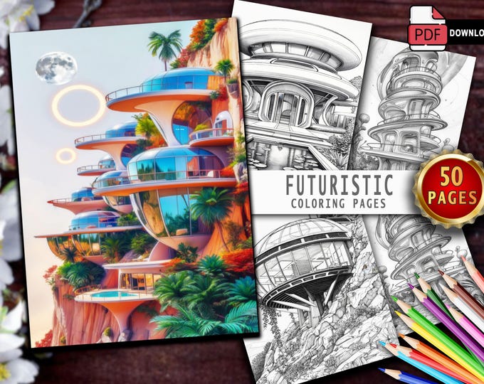 Futuristic City Coloring Pages: 25 Grayscale Illustrations for Adults ...