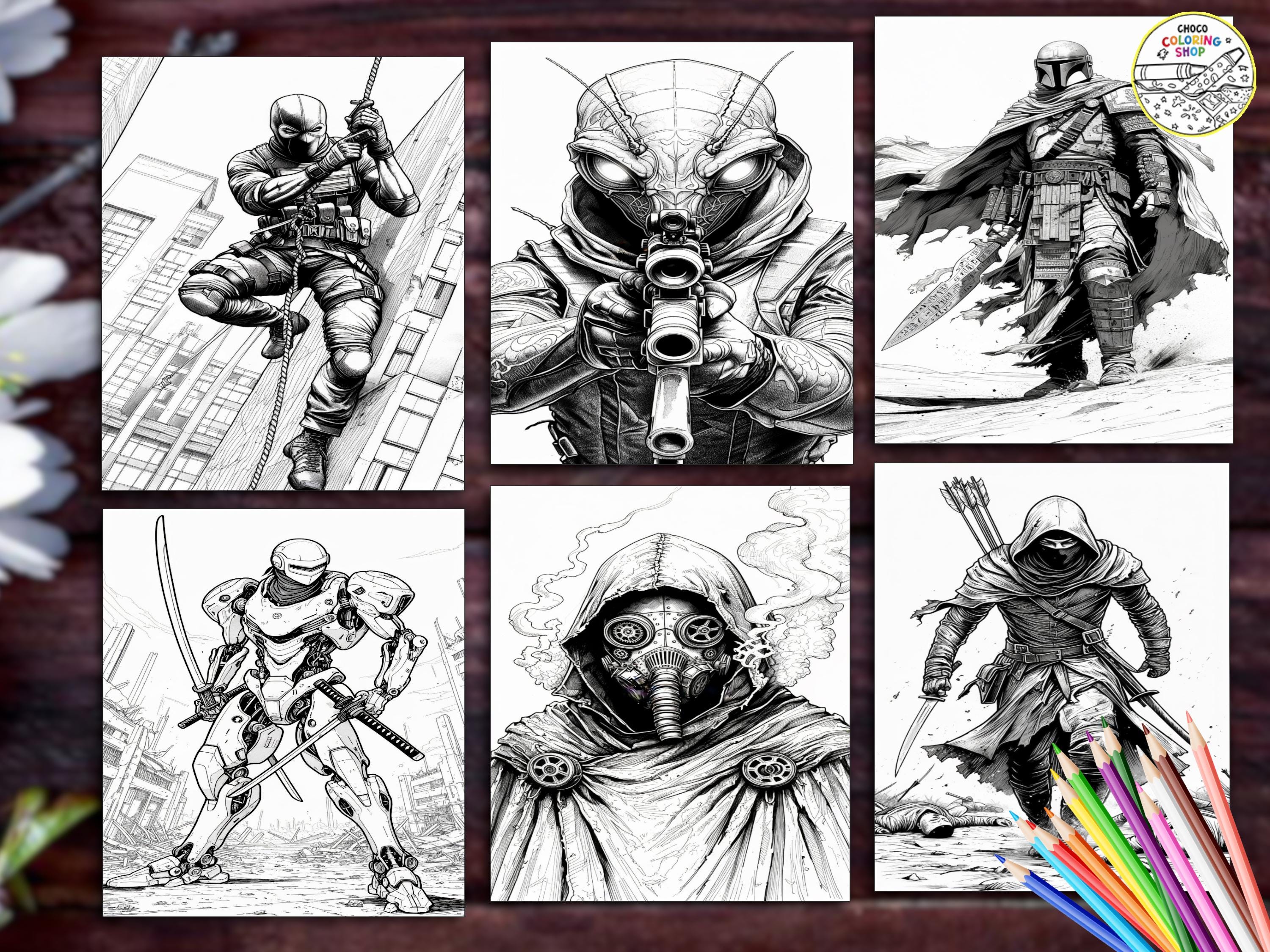 50 Assassin Coloring Pages: Grayscale Ninja Warriors (printable PDF) - Etsy
