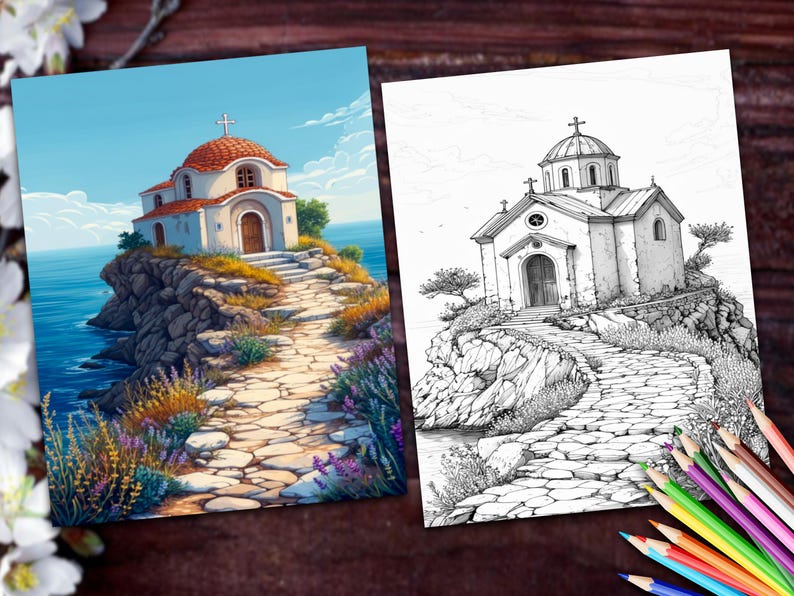 Greek Island Village Coloring Book | 35 Mediterranean Scapes (printable ...