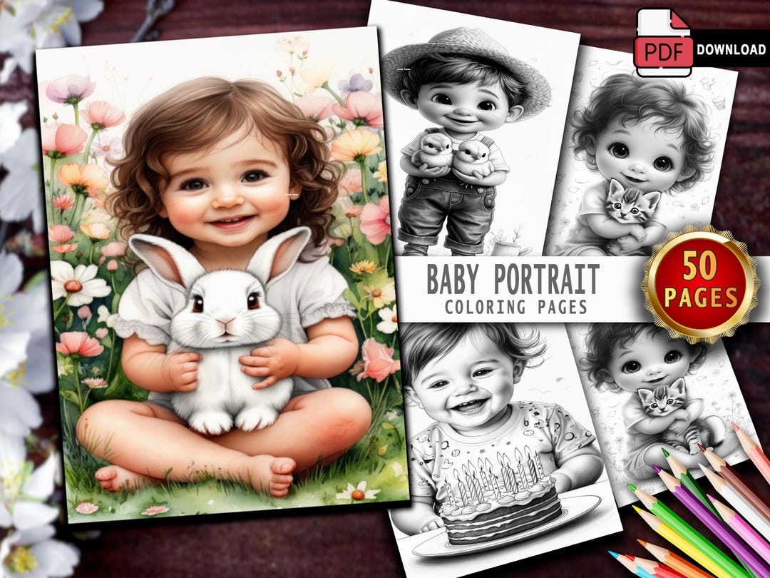Adorable Babies Grayscale Coloring Book: 64 Charming Illustrations (PDF ...