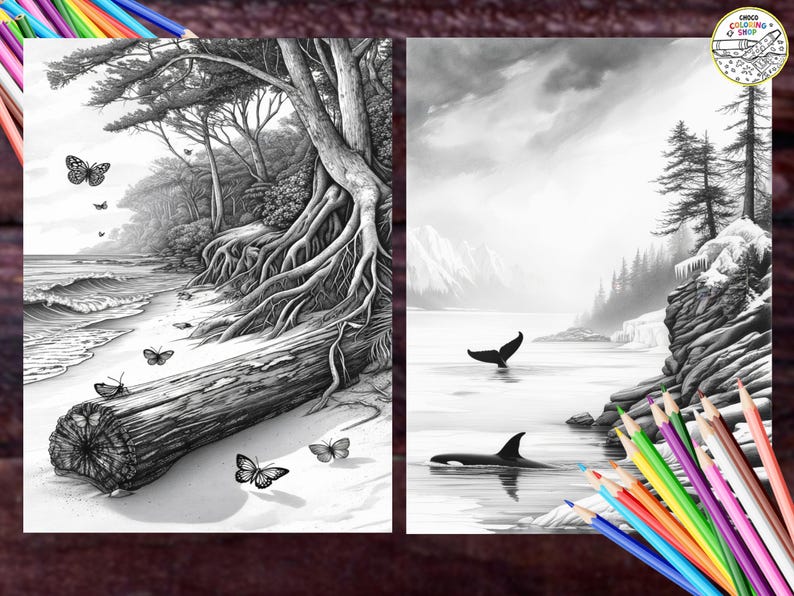 50 Grayscale Beach Coloring Pages: Seaside Art for Adults (PDF Digital ...