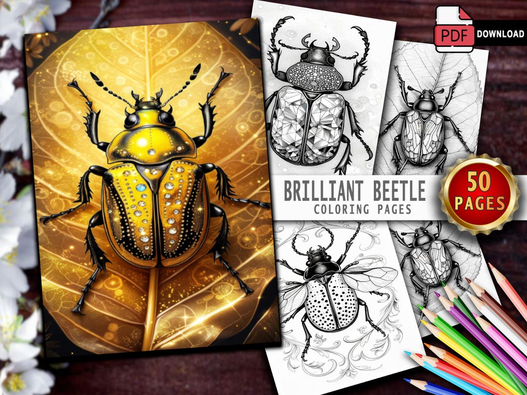 50 Beetle Coloring Pages: Grayscale Insect Illustrations (digital ...