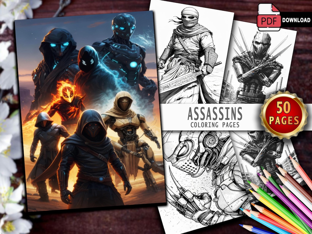 50 Assassin Coloring Pages: Grayscale Ninja Warriors (printable PDF) - Etsy