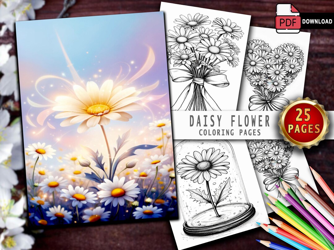25 Daisy Flower Coloring Pages | INSTANT DOWNLOAD | Printable Flower ...