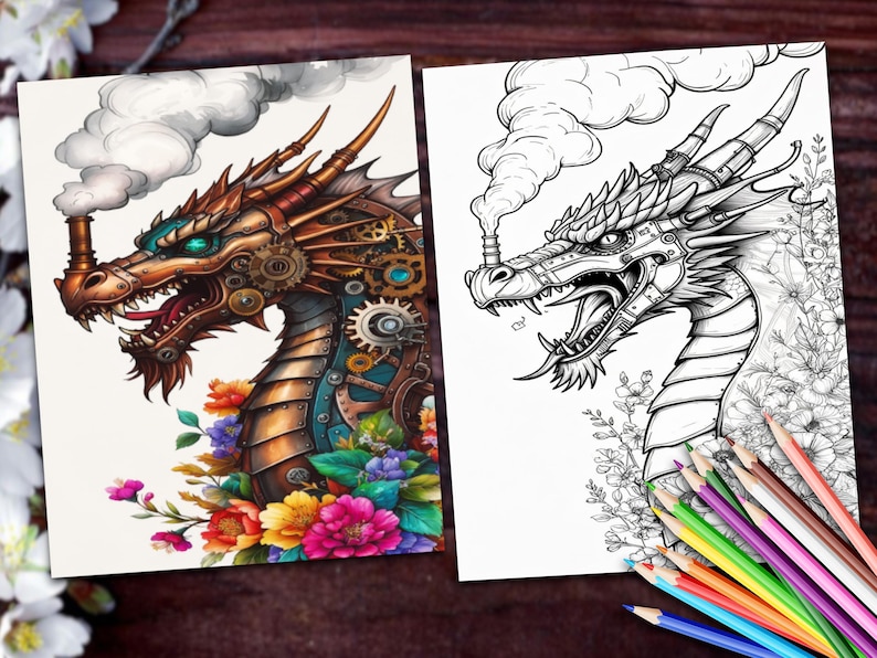 Flower Dragon Coloring Pages: 40 Grayscale Illustrations (printable PDF ...