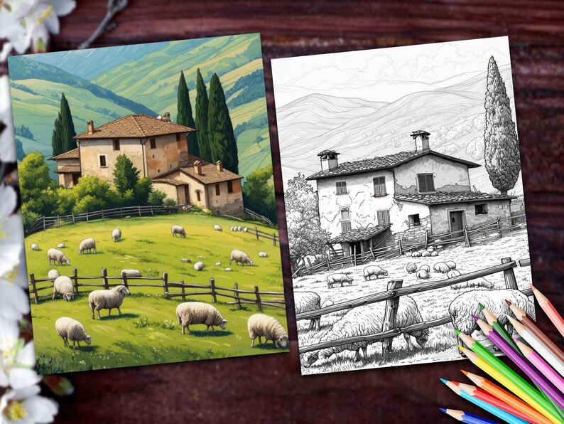 Italian Country House Coloring Book | 30 Grayscale Scenes (instant ...