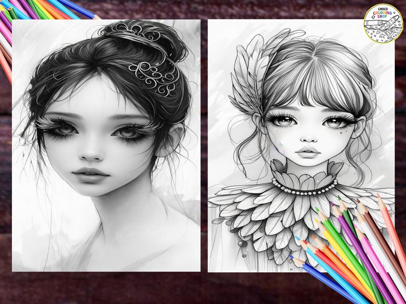 50 Female Portraits Coloring Pages: Grayscale Whimsical Art (printable ...