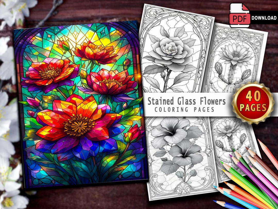 40 Stained Glass Flowers Coloring Pages - Printable PDF - Greyscale ...