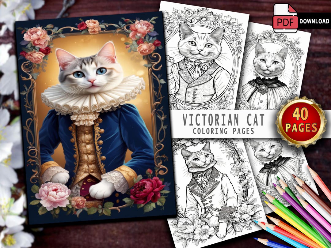 40 Victorian Cat Coloring Pages: Printable Vintage Illustrations ...
